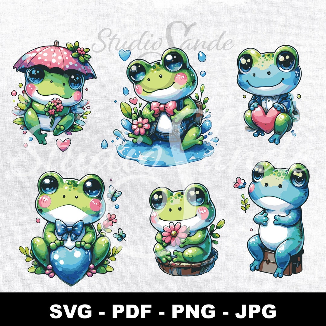 6 Cute Spring Frog Clipart | Sublimation SVG | Watercolor Frog Pdf Jpg ...