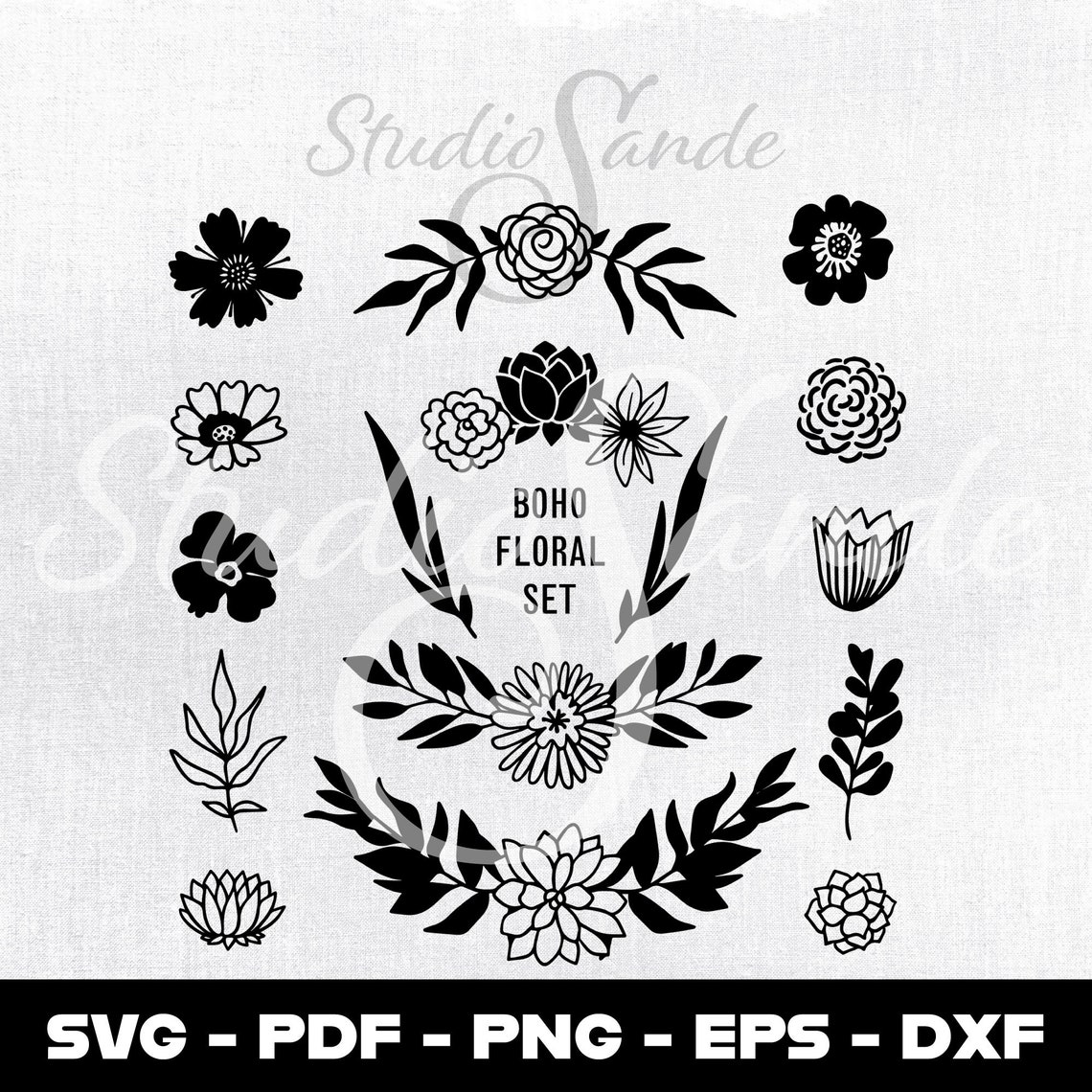 Boho Floral Set Svg Bundle Hand Drawn Hippie Svg Bundle Boho Svg Floral ...