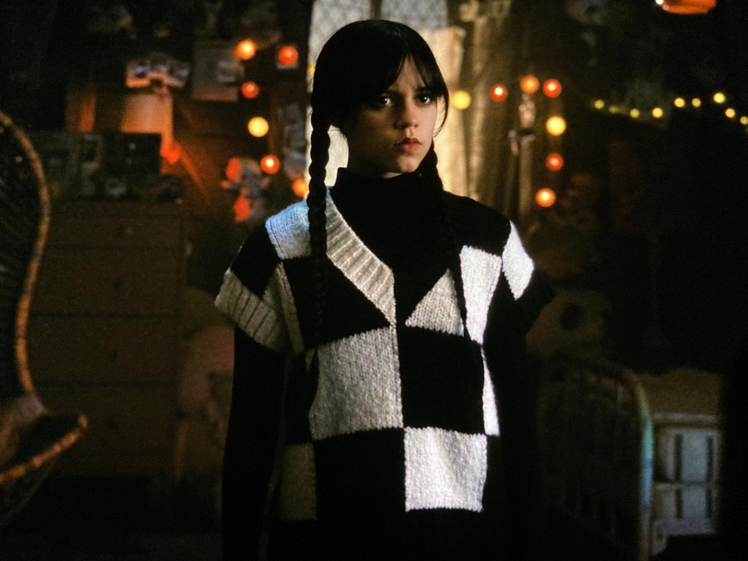 Wednesday Addams Jenna Black and White Sweater Vest Oversize Blocked ...