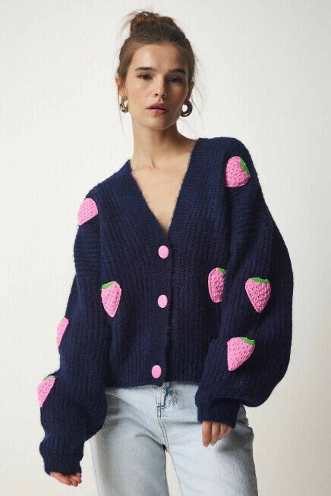 Navy Blue Cardigan, Strawberry Cardigan, Minimalist Cardigan, Fall ...