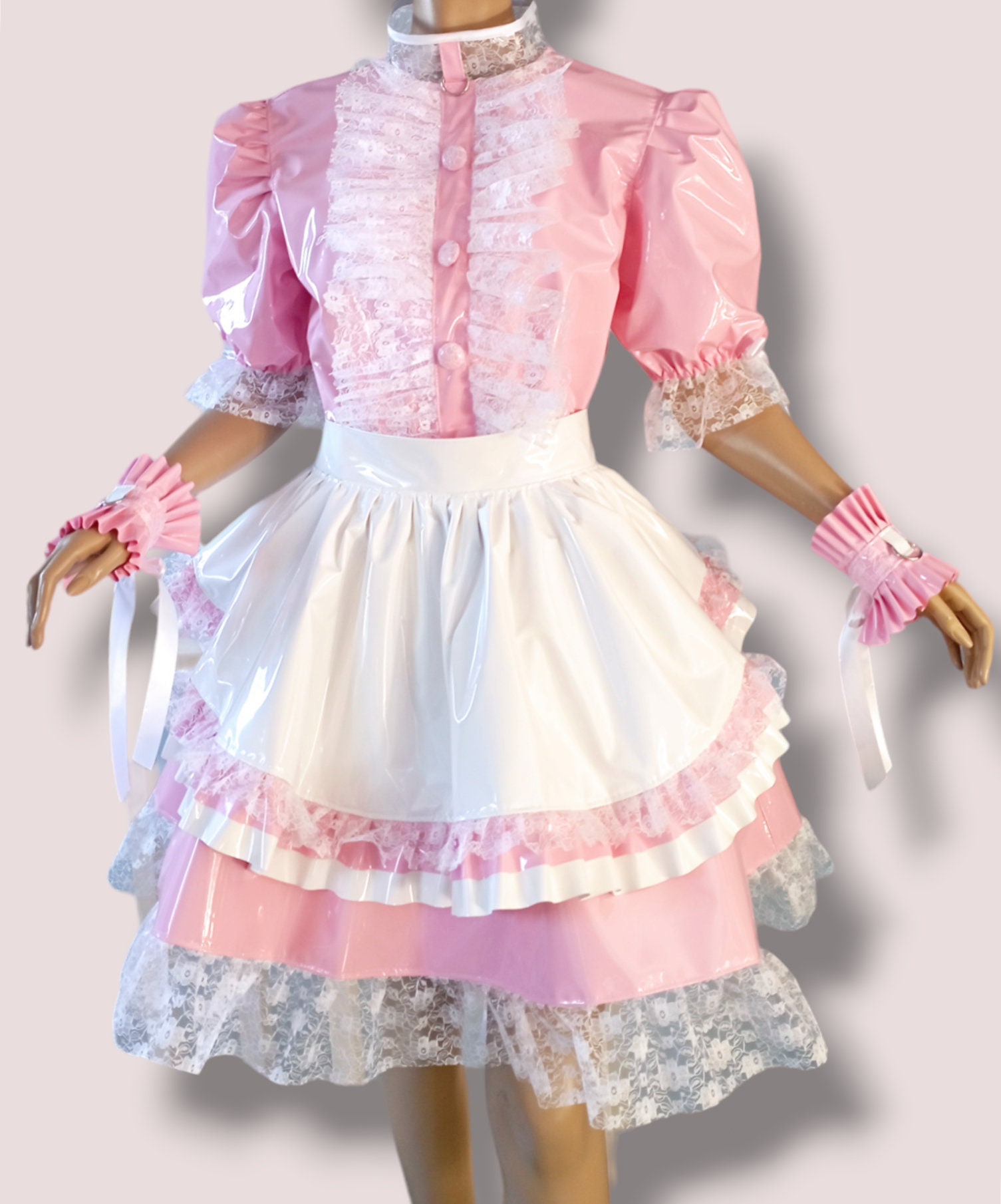 Pink & White PVC Maid Dress Lace Apron Set – Short PVC Dress Handmade ...