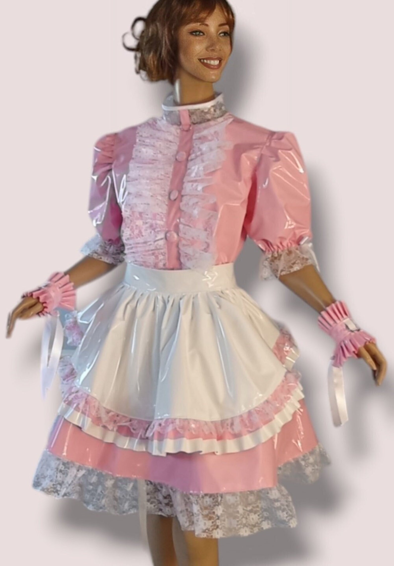 Pink & White PVC Maid Dress Lace Apron Set – Short PVC Dress Handmade ...