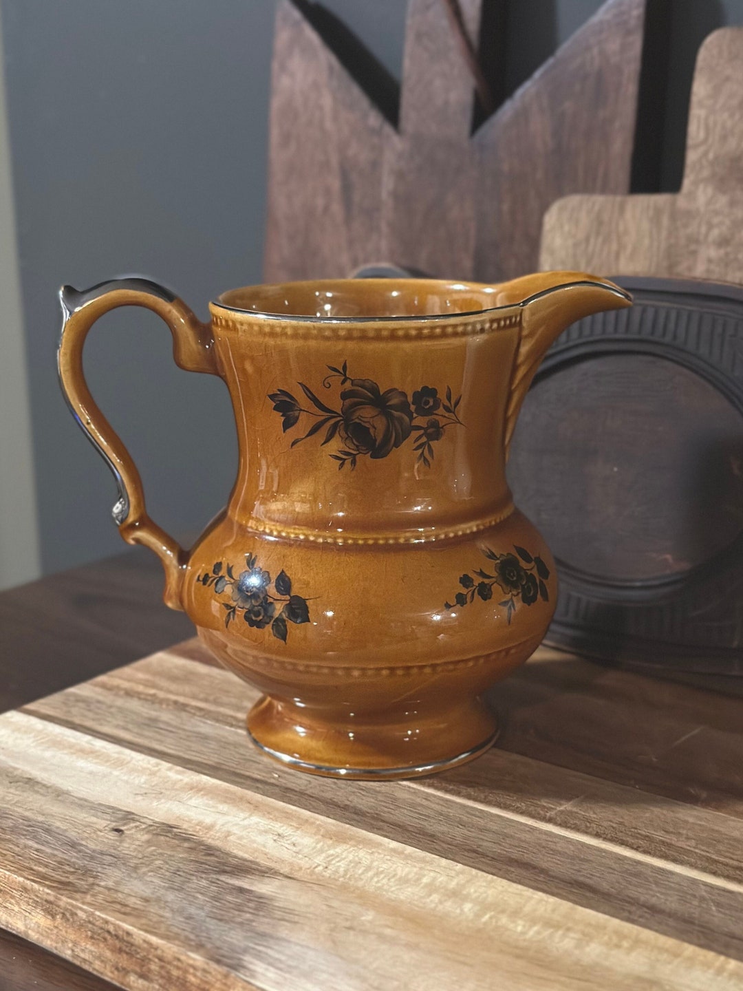 Amber Ironstone Pitcher With Black Roses, Brown Crazed Ironstone ...