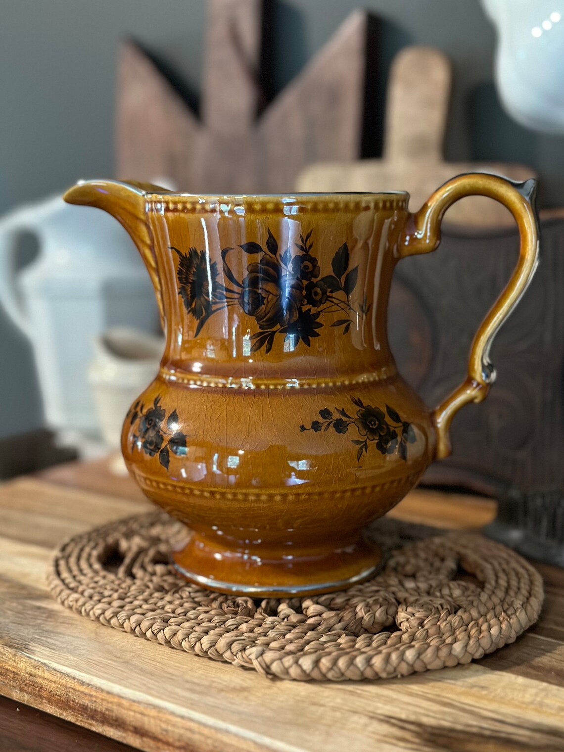 Amber Ironstone Pitcher With Black Roses, Brown Crazed Ironstone ...