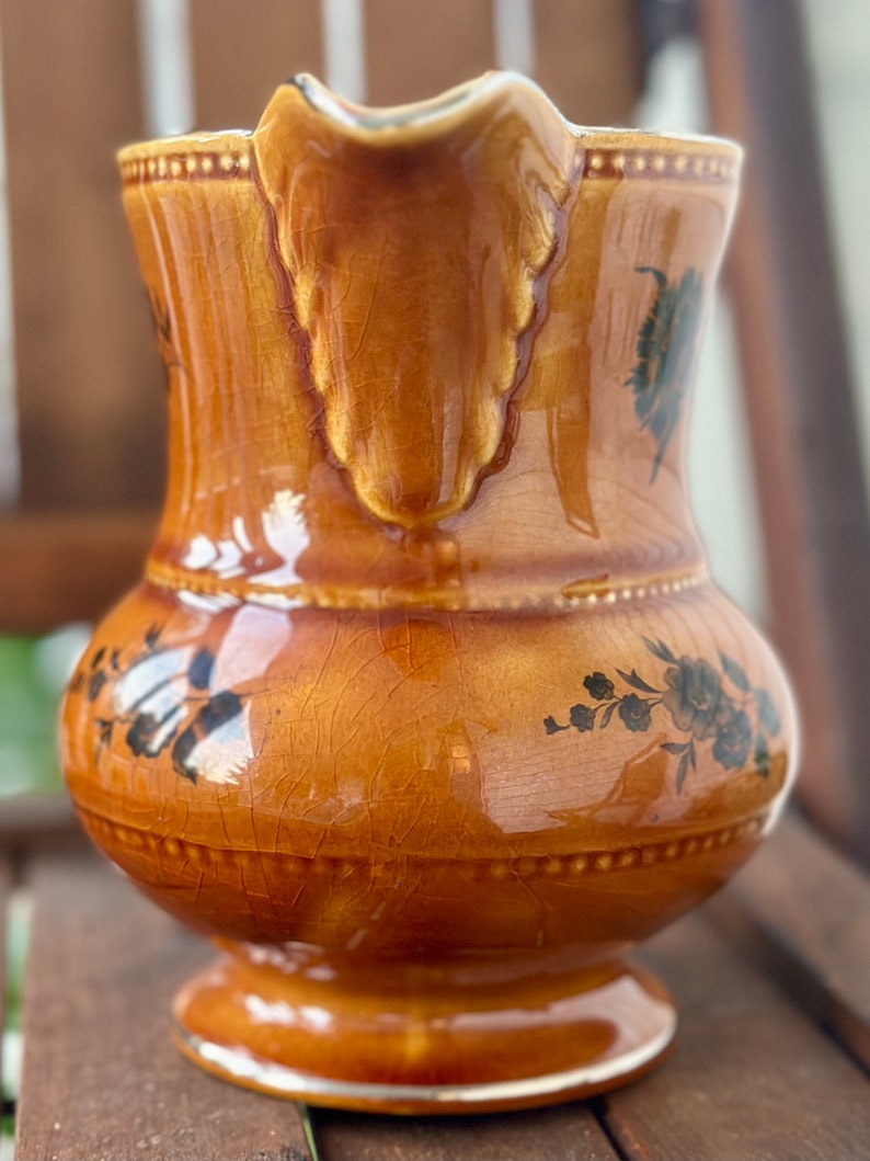 Amber Ironstone Pitcher With Black Roses, Brown Crazed Ironstone ...