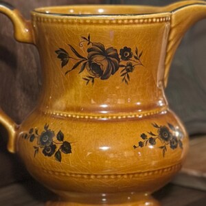 Amber Ironstone Pitcher With Black Roses, Brown Crazed Ironstone ...