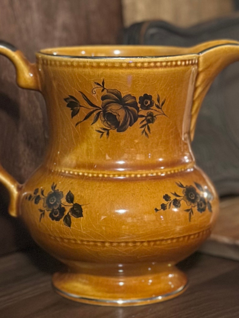 Amber Ironstone Pitcher With Black Roses, Brown Crazed Ironstone ...