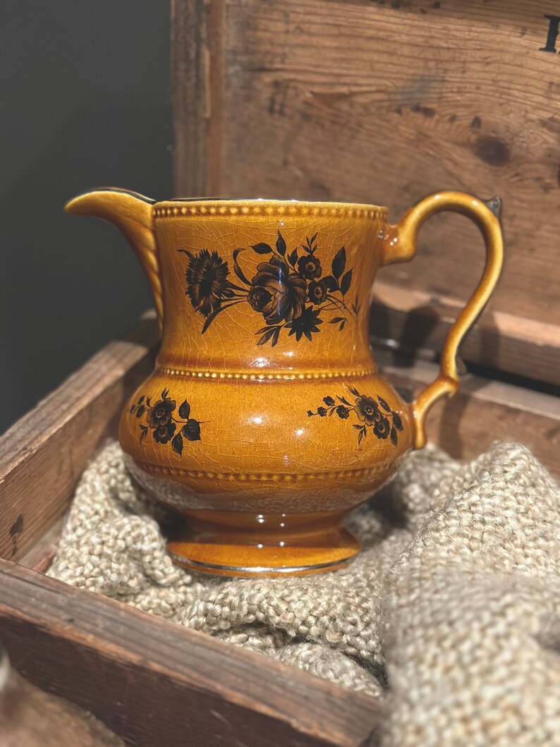 Amber Ironstone Pitcher With Black Roses, Brown Crazed Ironstone ...