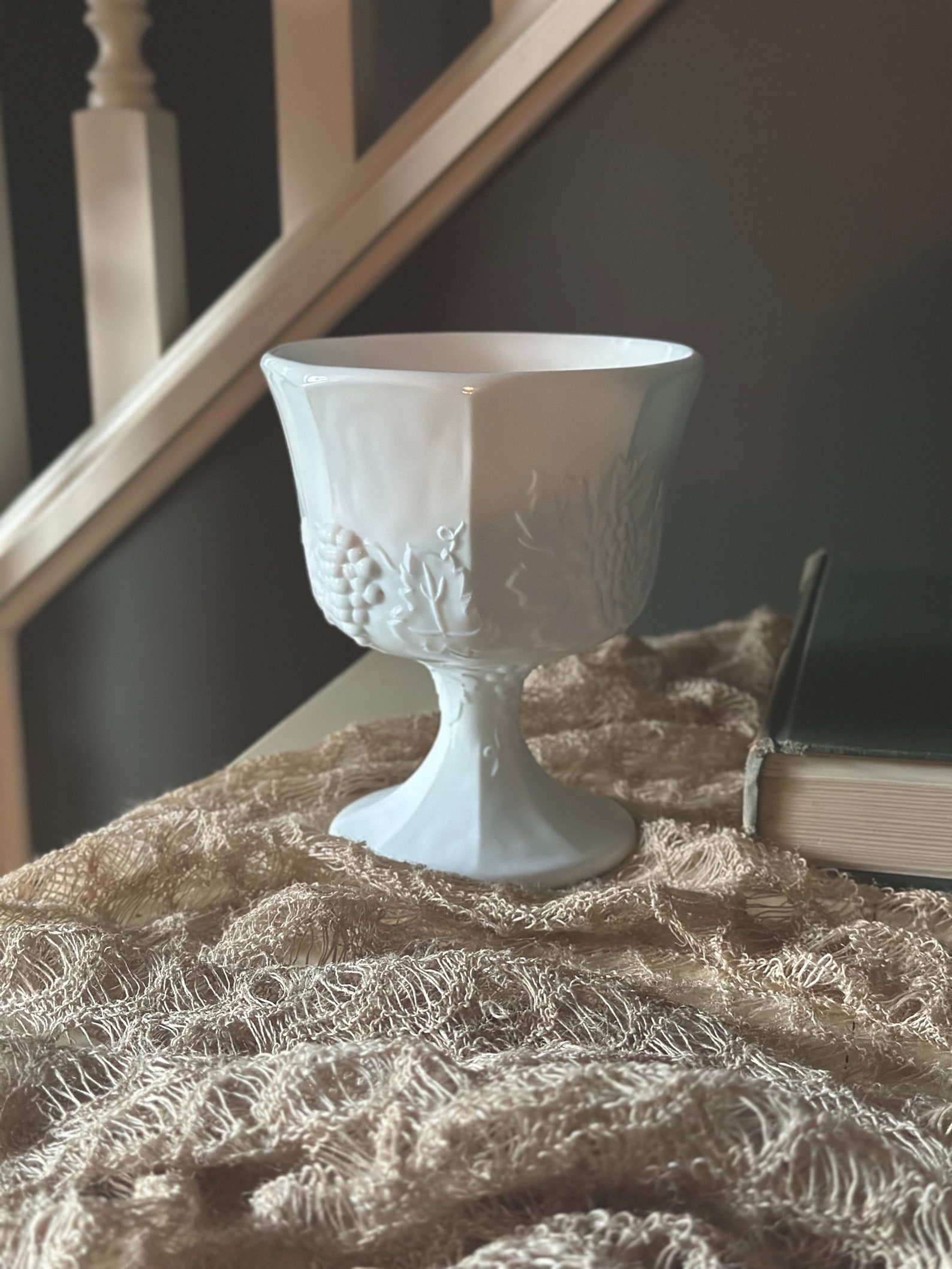 Large Grapevine Goblet, Midcentury Milk Glass Vase, White Pedestal Vase ...