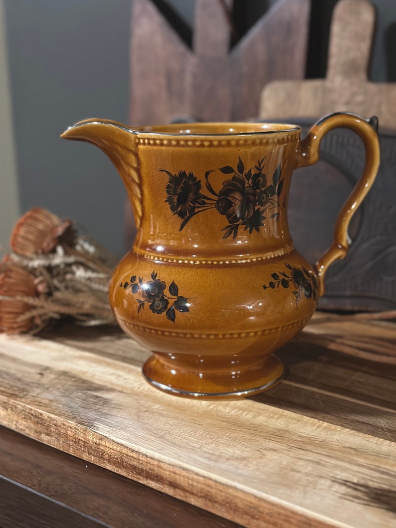 Amber Ironstone Pitcher With Black Roses, Brown Crazed Ironstone ...