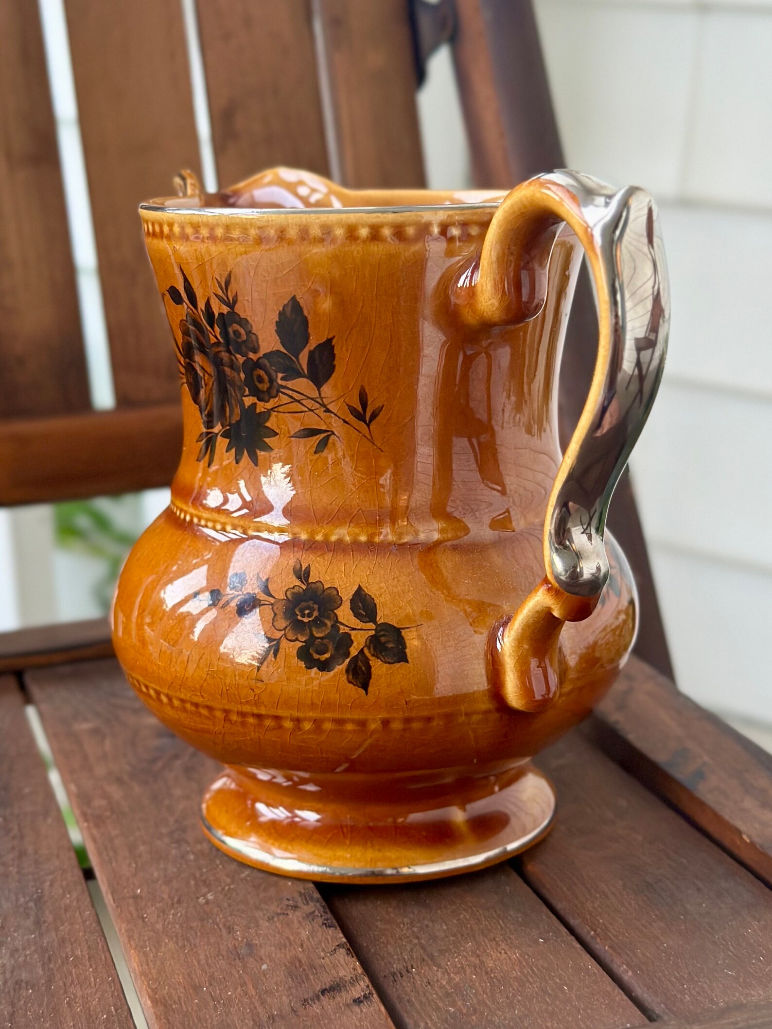 Amber Ironstone Pitcher With Black Roses, Brown Crazed Ironstone ...