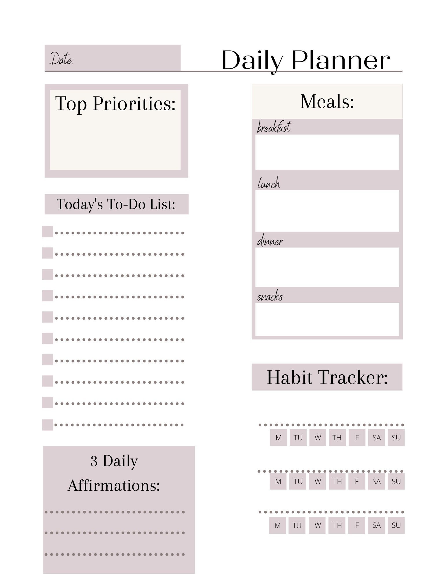 Daily Planner | Light Purple & Beige | Printable | To-do List | Meals ...