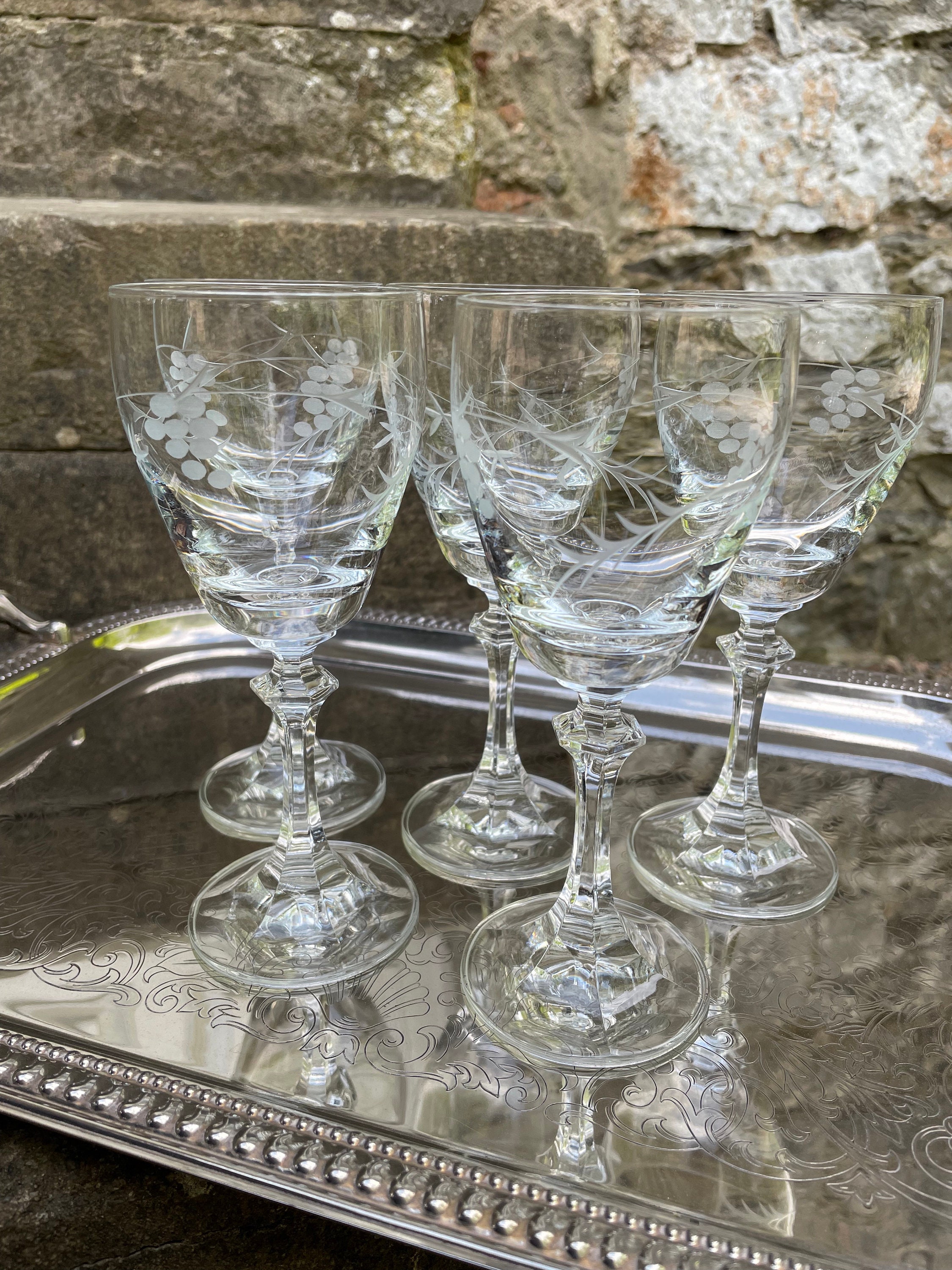 Antique Etched Crystal Wine Glasses Set of 5 Vintage Crystal Wine ...