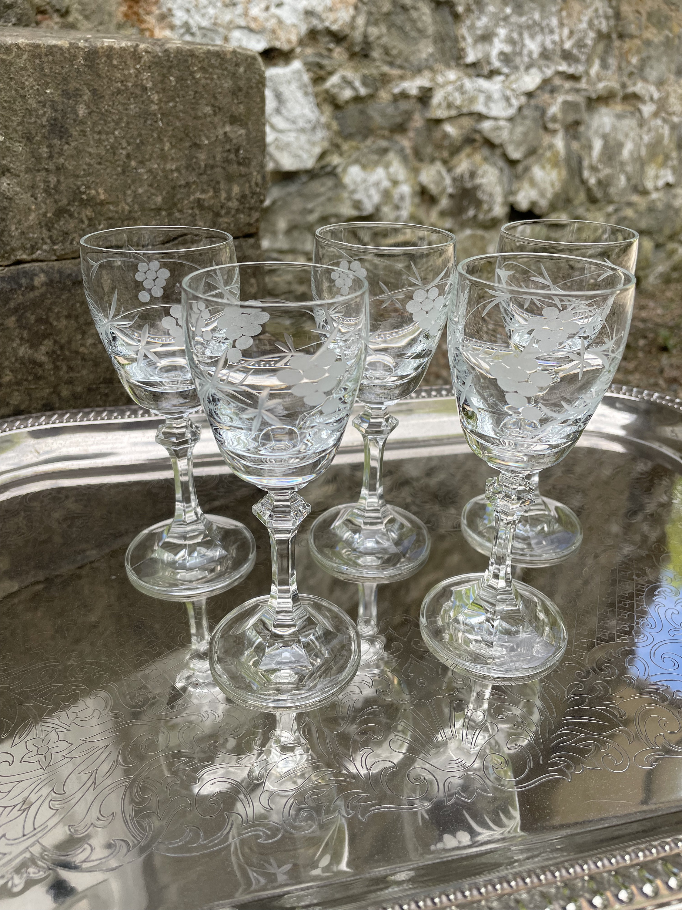 Antique Etched Crystal Wine Glasses | Set of 5 Vintage Crystal Wine ...