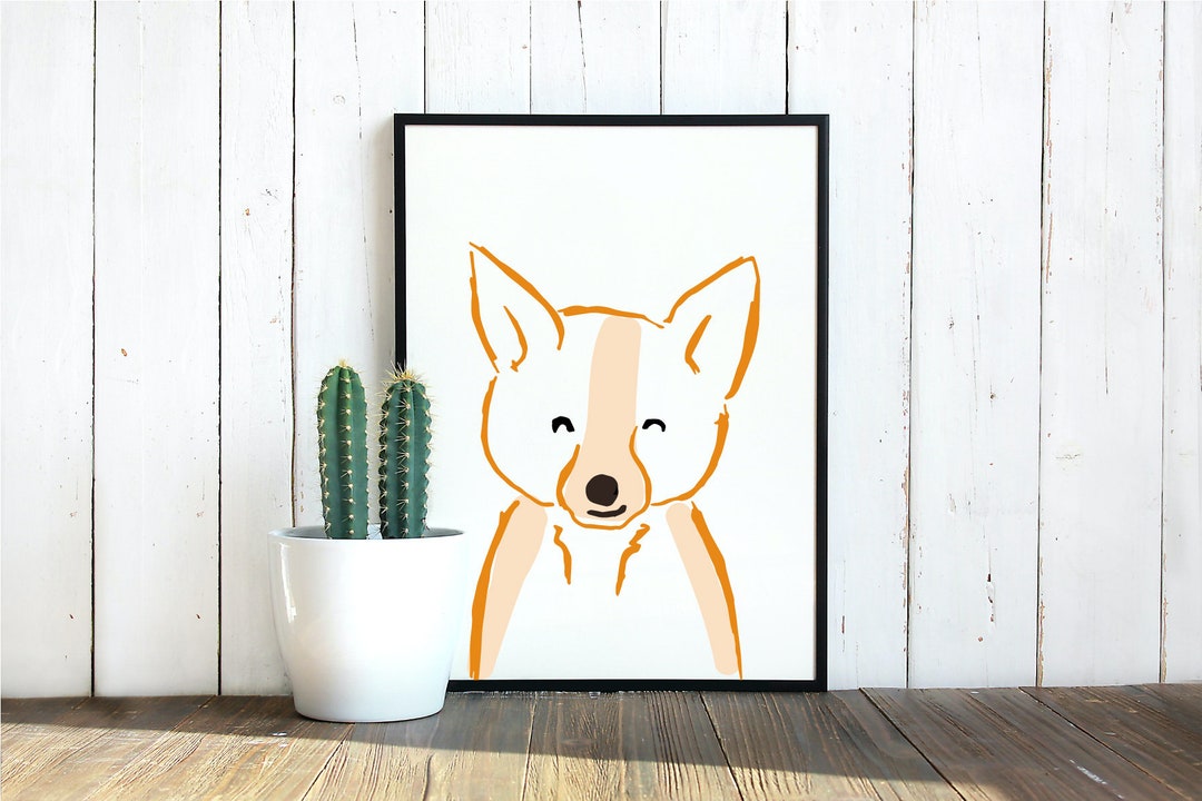 Happy Fox Play Print, Kids Poster Fox, Minimal Line Art Fox, Cute Fox ...