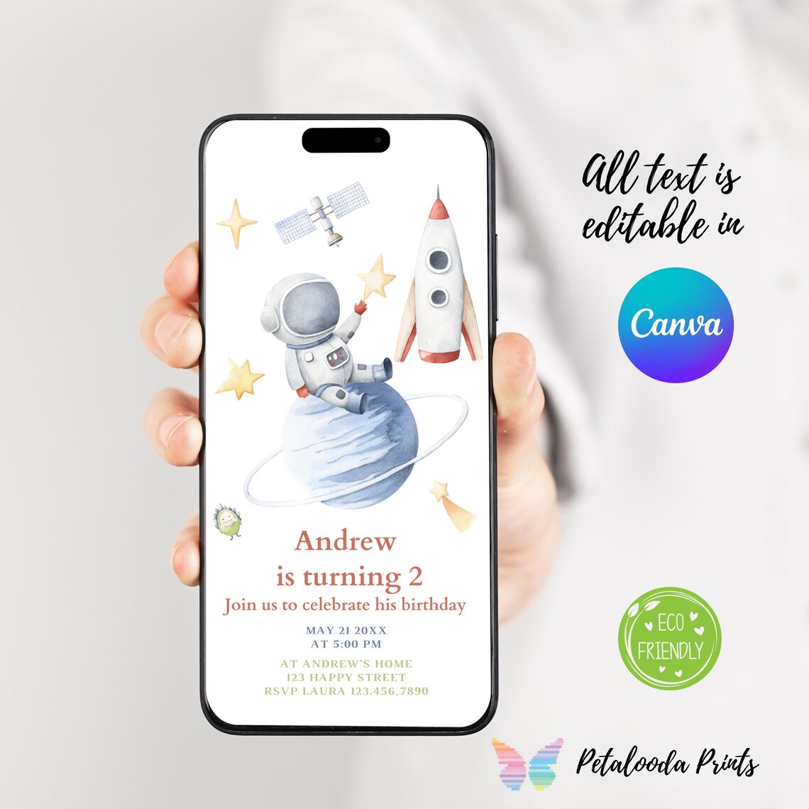 Evite Editable Birthday Party Invitation-little Astronaut Touching the ...