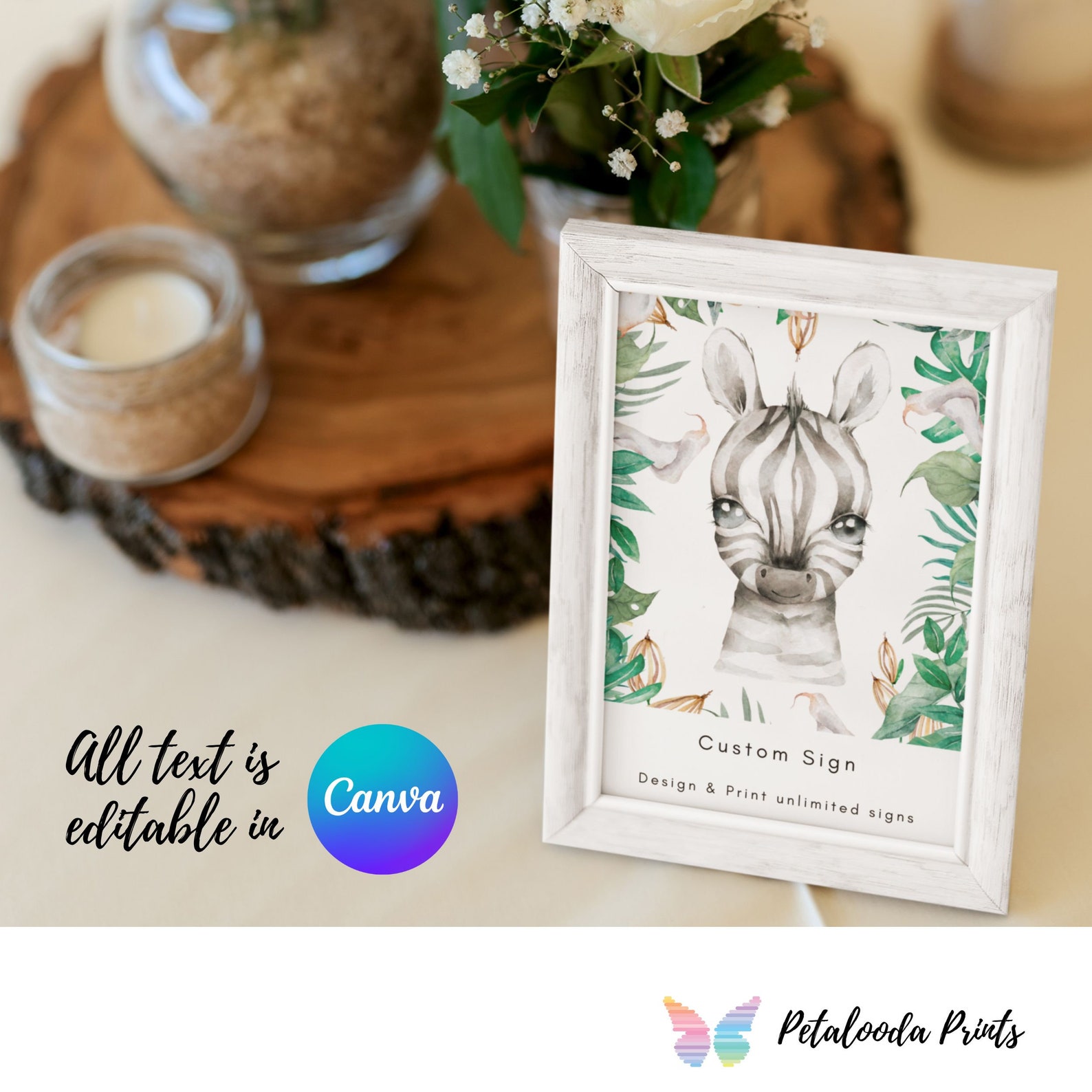 Editable Custom Sign - Cute Zebra - Jungle Theme Birthday Party ...