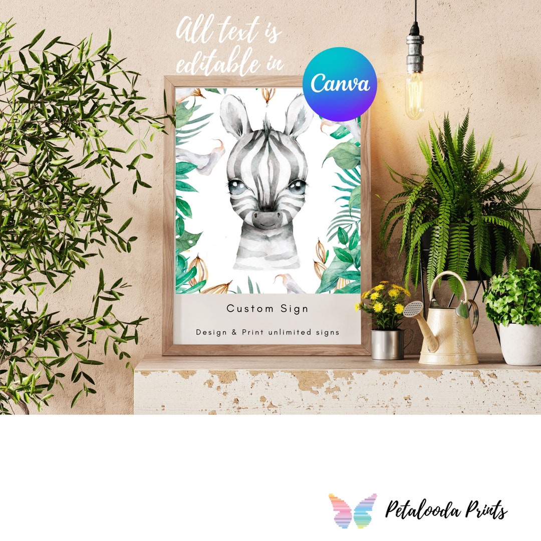 Editable Custom Sign - Cute Zebra - Jungle Theme Birthday Party ...