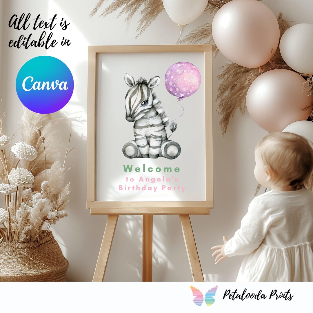 Editable Welcome Sign - Cute Zebra - Jungle Theme Birthday Party ...