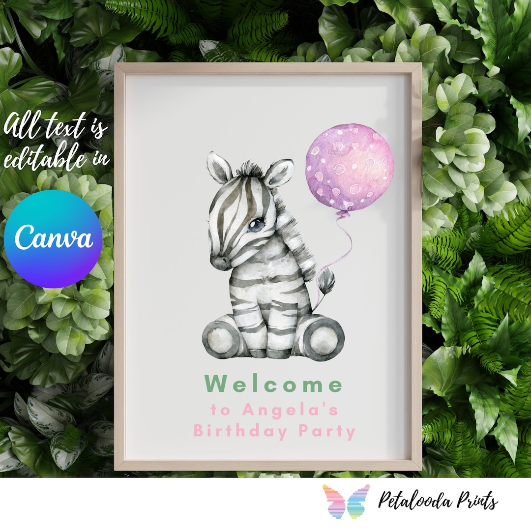 Editable Welcome Sign Cute Zebra Jungle Theme Birthday Party Digital ...
