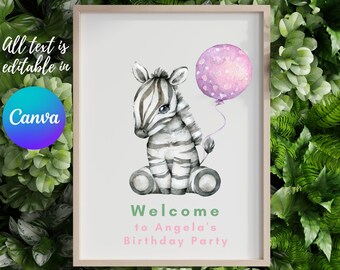 Editable Custom Sign Cute Zebra Jungle Theme Birthday Party Digital ...