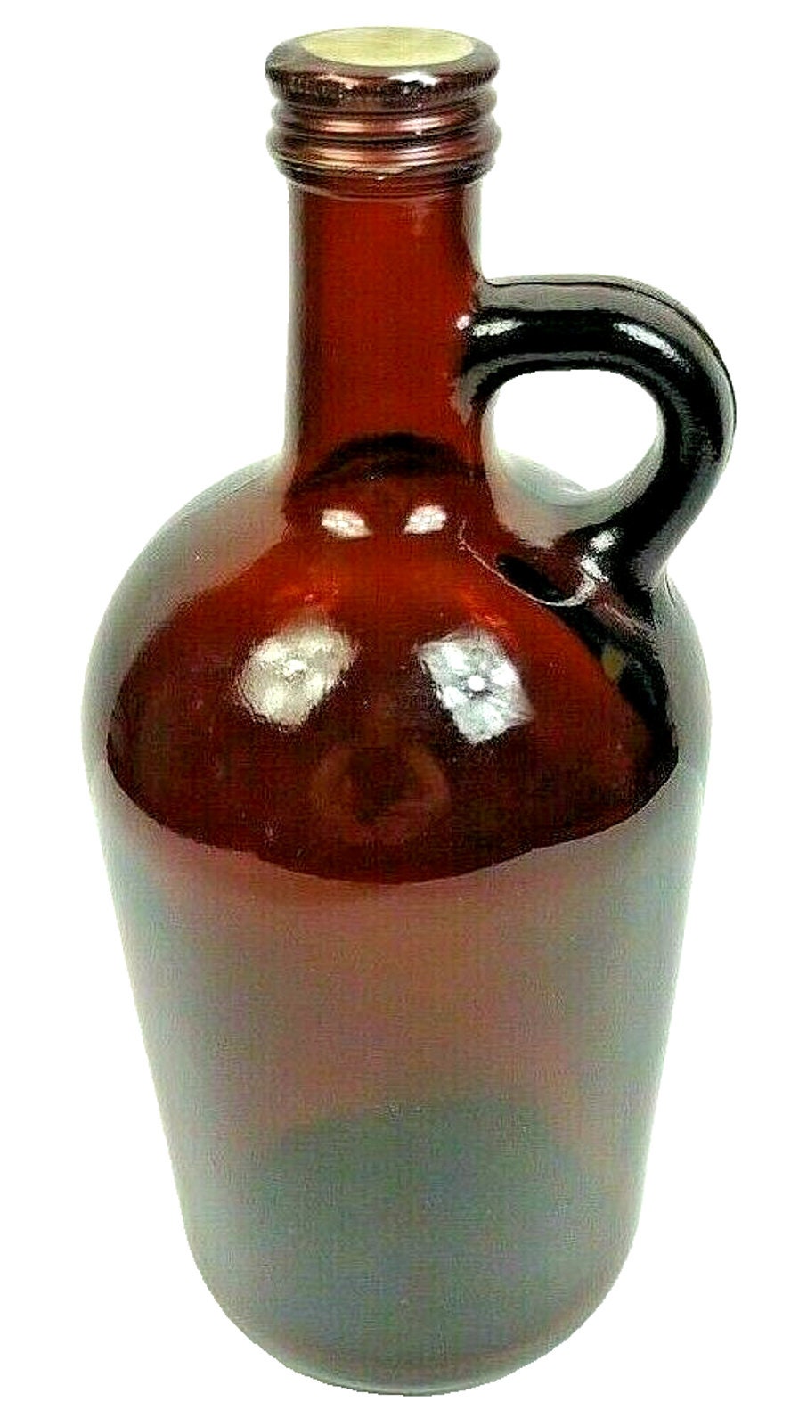 Vintage Quart Amber Glass Jug Finger Loop With Metal Lid Growler Syrup ...