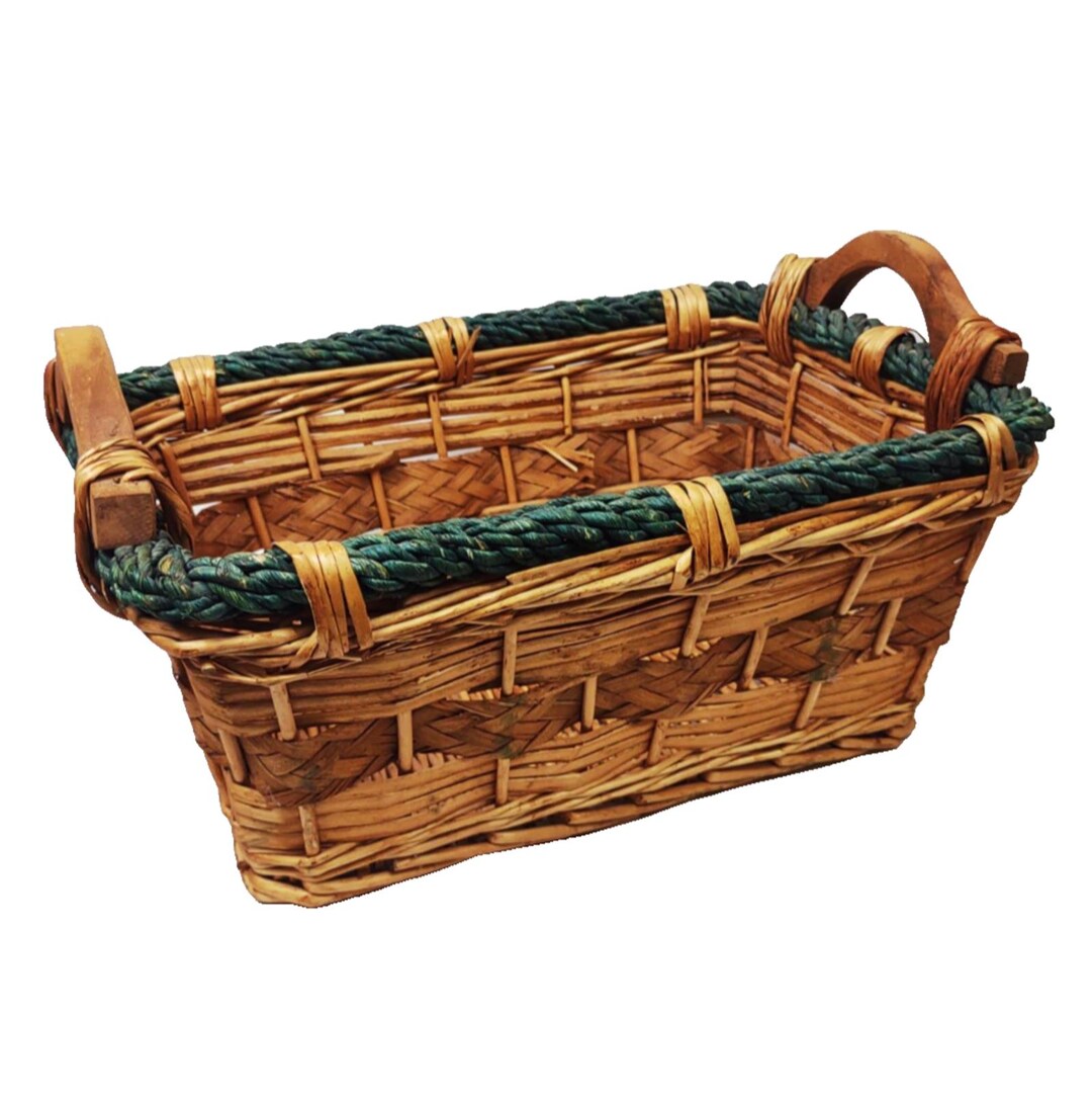 Vintage Wicker Heavy Woven Fruit Basket Wood Handles Rope Binding ...