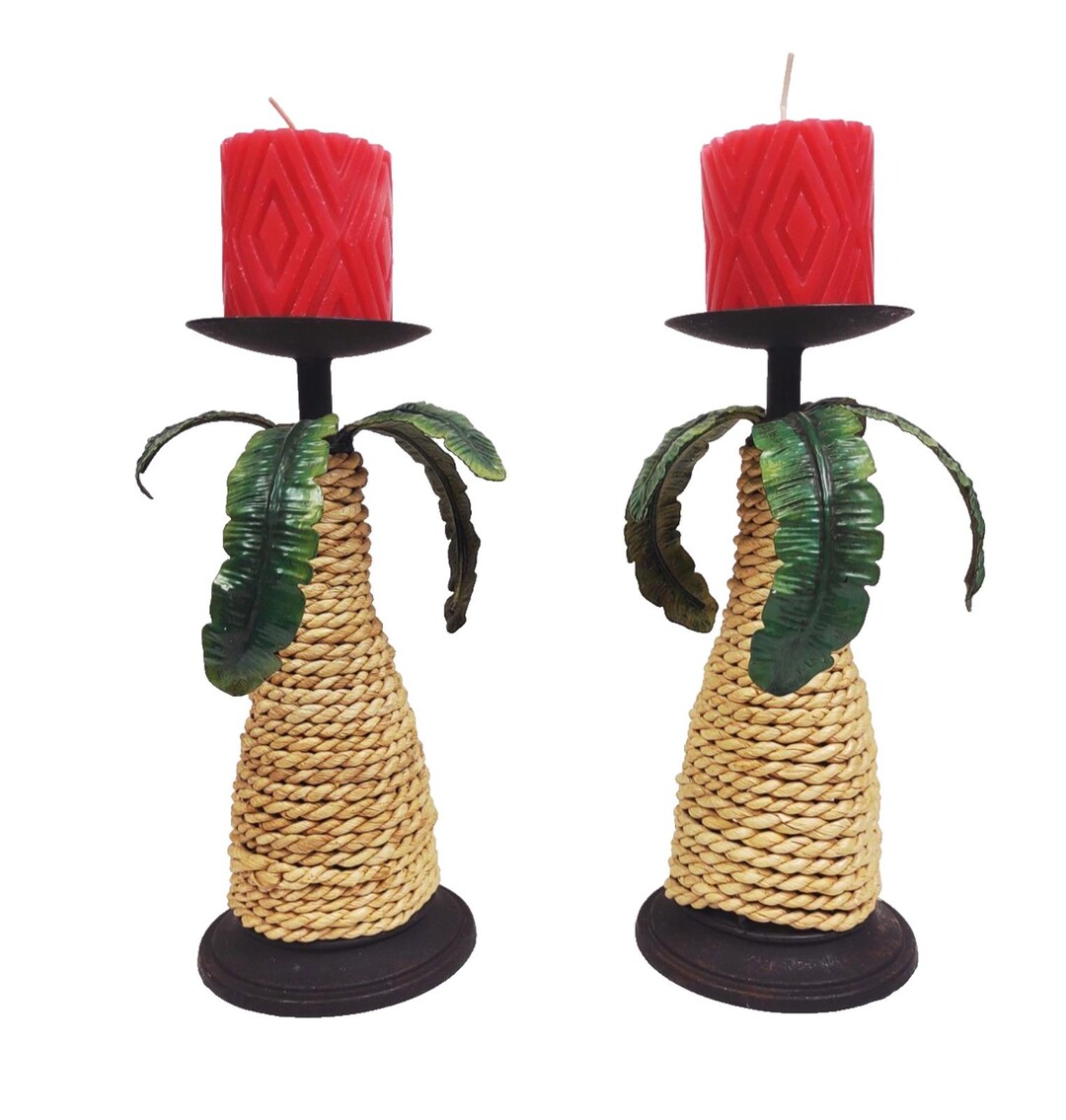 Pair of 2 Metal Sisal Rope Palm Tree Tiki Aloha Candleholder Pillar ...