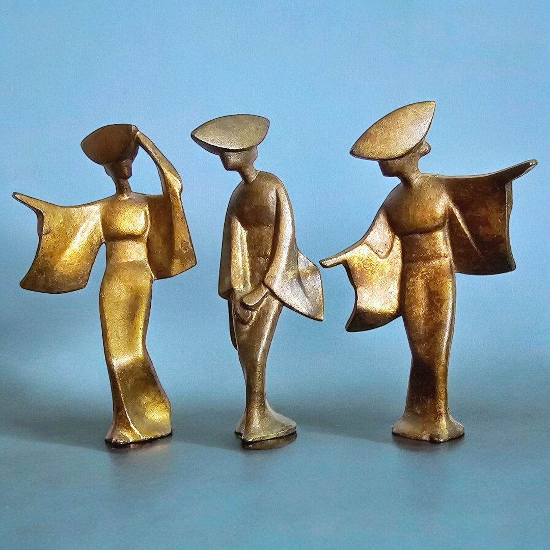 Set of 3 Mid Century Geisha Figurines Heavy Cast Metal Beautiful ...