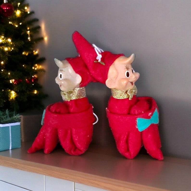 TWO 1950's Small Vintage Goofy Elf Shelf Sitters Ceramic Heads Fabric ...