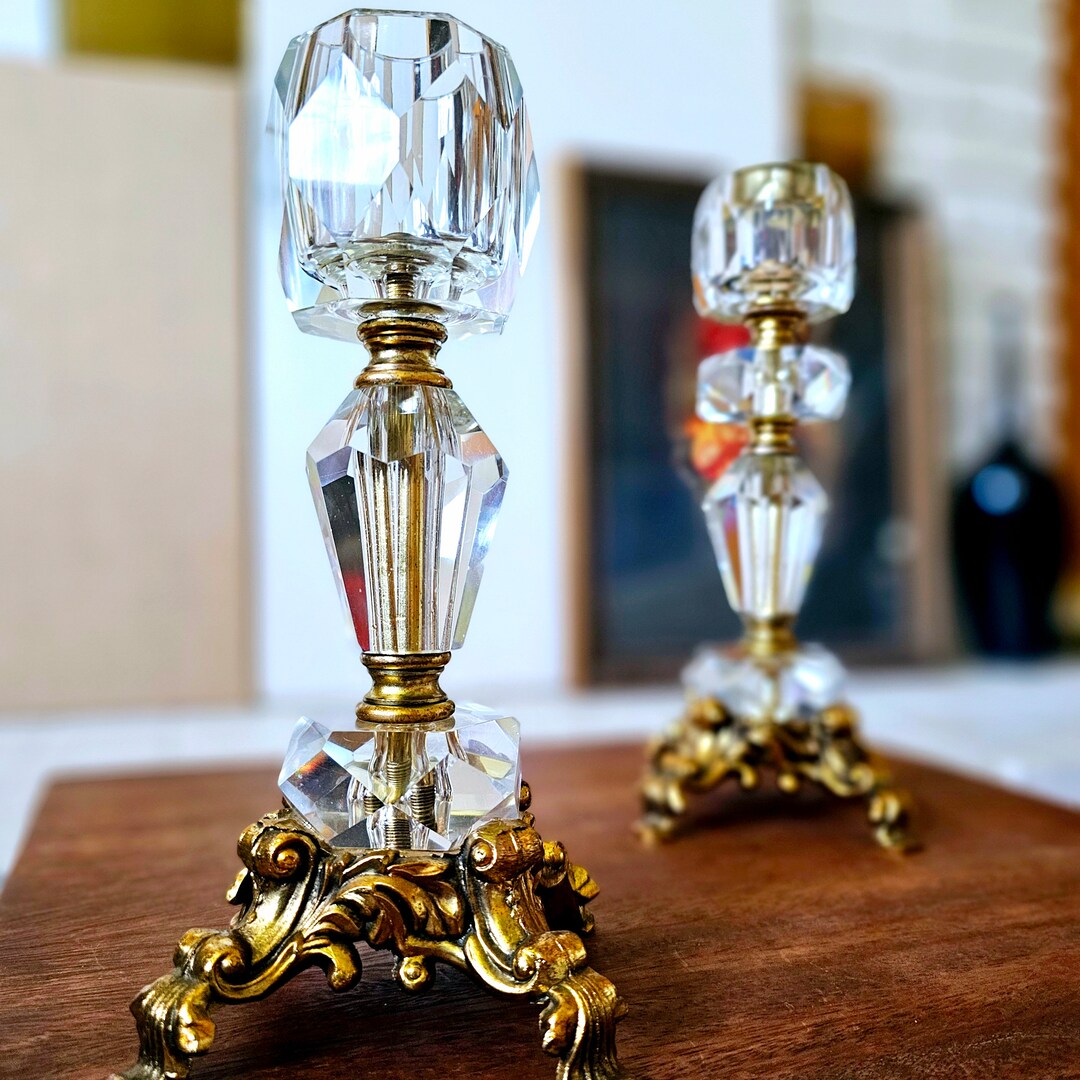 Pair of Cut Crystal Candlestick Holders With Brass Bases Old World ...