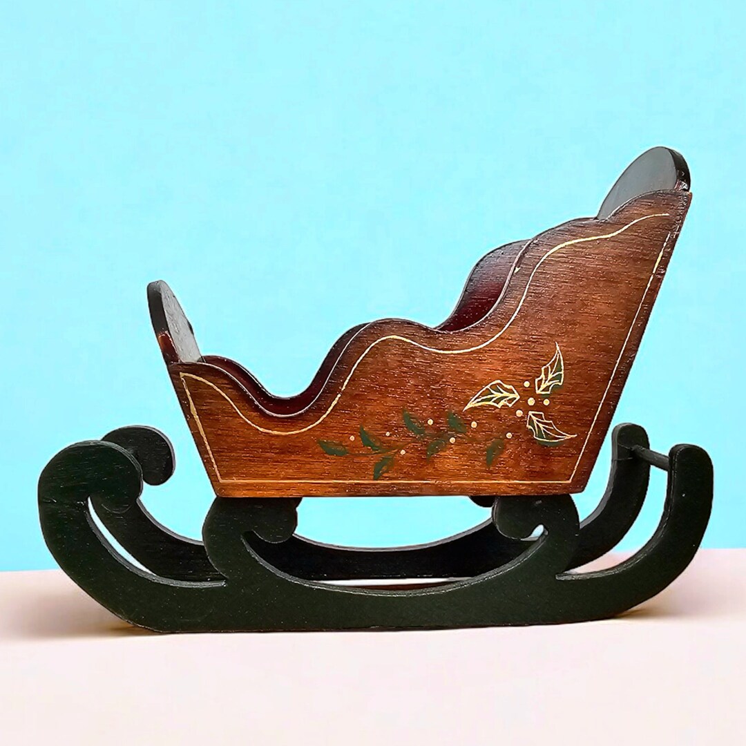1980s Winter Sleigh Wooden Sled Planter Gift Basket Card Holder Candy ...
