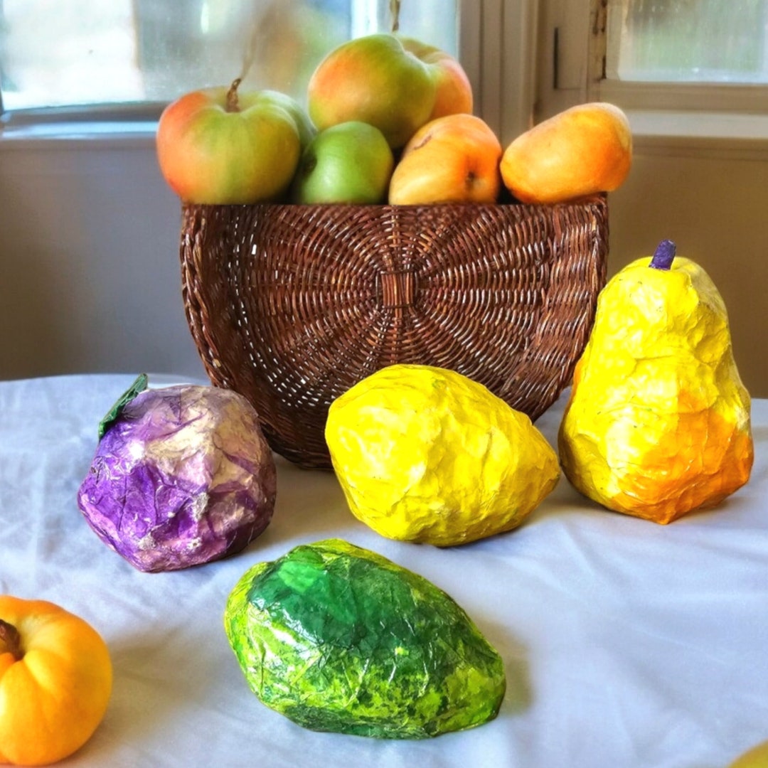 Four 4 Vintage Papier-mâché Fruits Pear Plum Lemon Lime Hand Made Mid ...