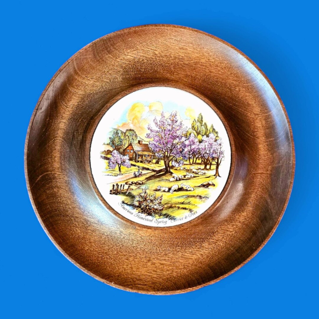 Round Wood Charcuterie Tray With Currier & Ives Ceramic Art Tile Insert ...