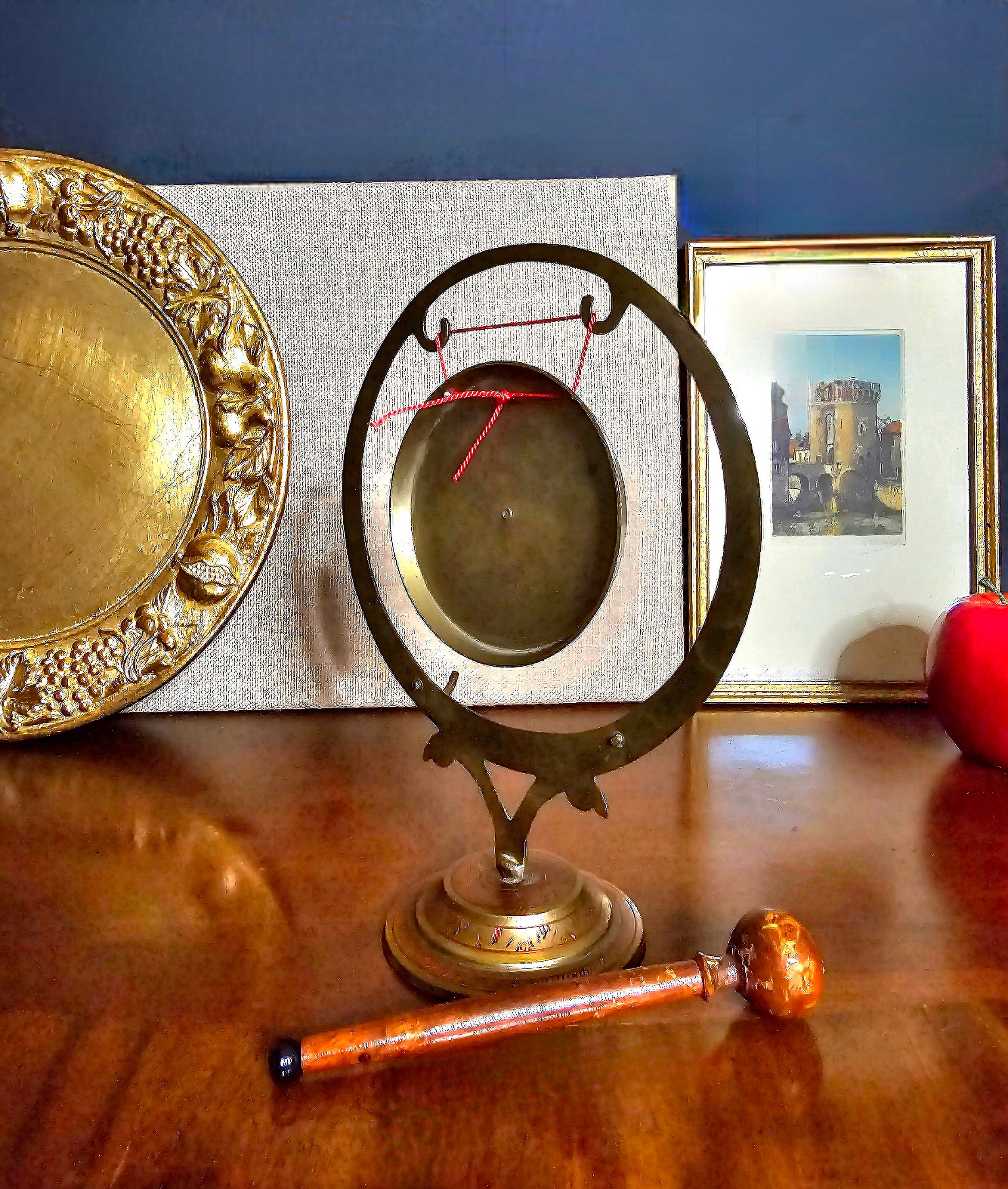 Vintage Brass Gong With Wood Striker Hammer Etch Metal Enameled, India ...