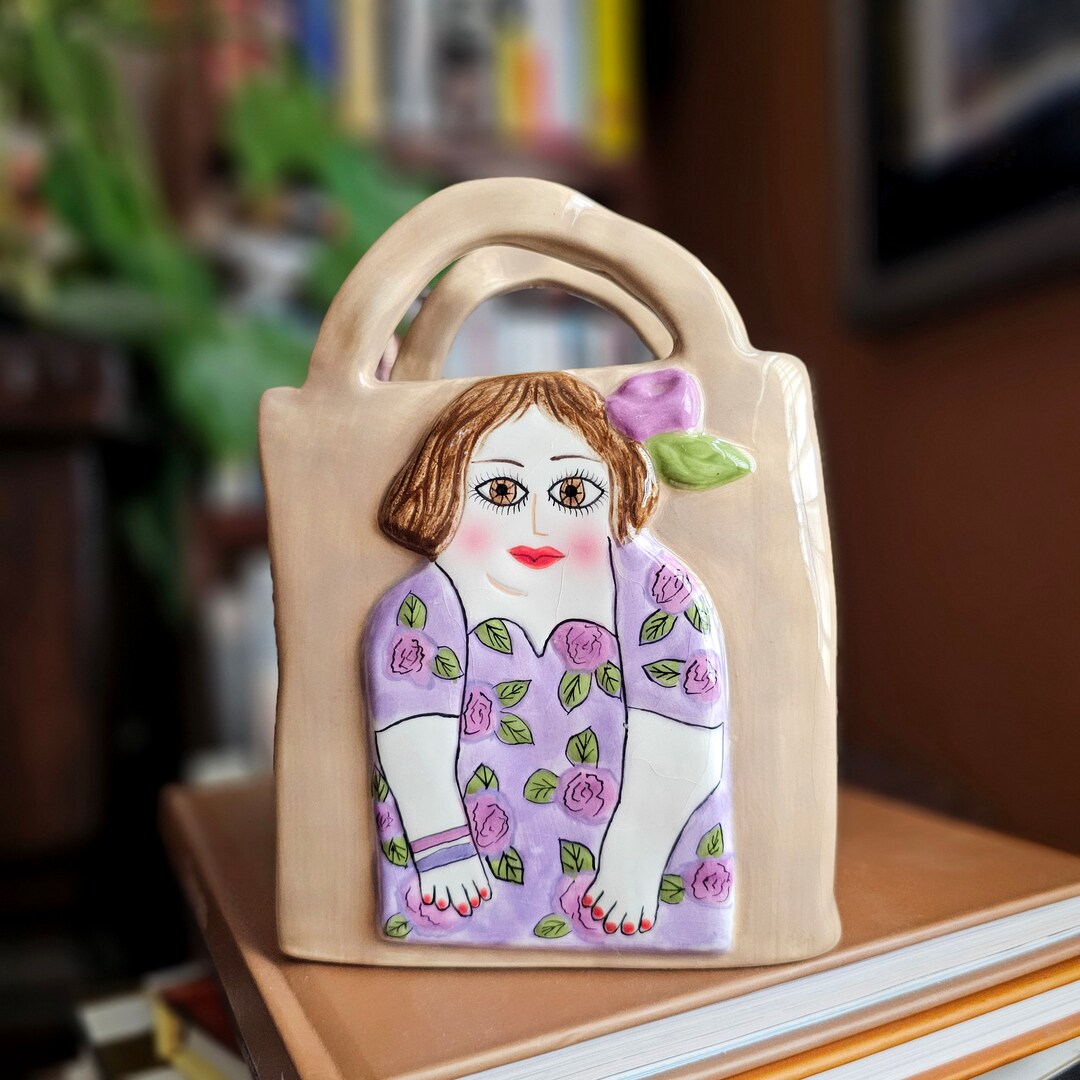 Susan Paley Hand Painted Female Figurine Handbag Shaped Planter or Vase ...