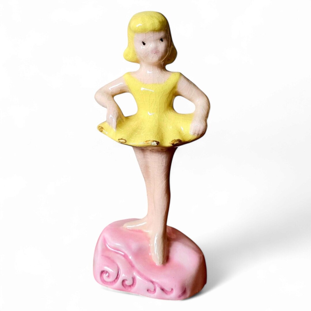 Mid Century Ballerina Figurine Dancing Girl Yellow Pink Beige Pottery ...