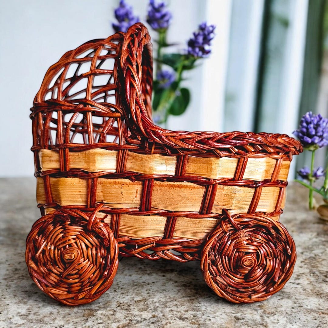 Wicker Baby Buggy Strollers Vintage Rattan Woven Palm Slat Pram Shaped ...
