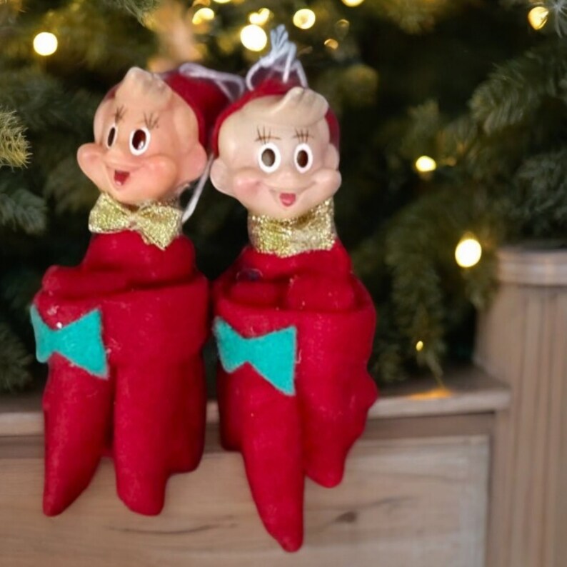 TWO 1950's Small Vintage Goofy Elf Shelf Sitters Ceramic Heads Fabric ...