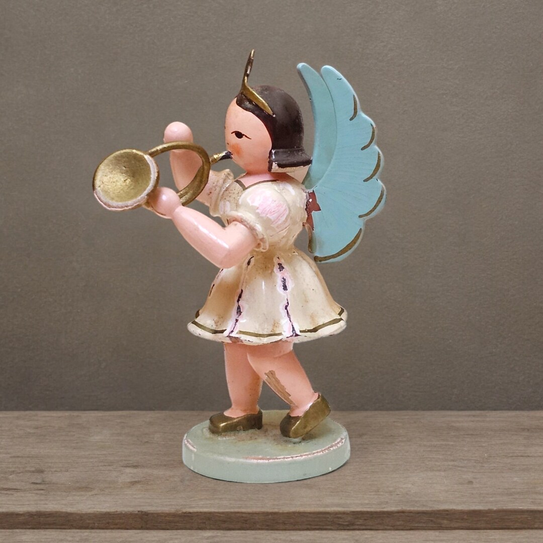 Rare Antique Steinbach Miniature Wood Figurine Angel Cherub Blue Wings ...