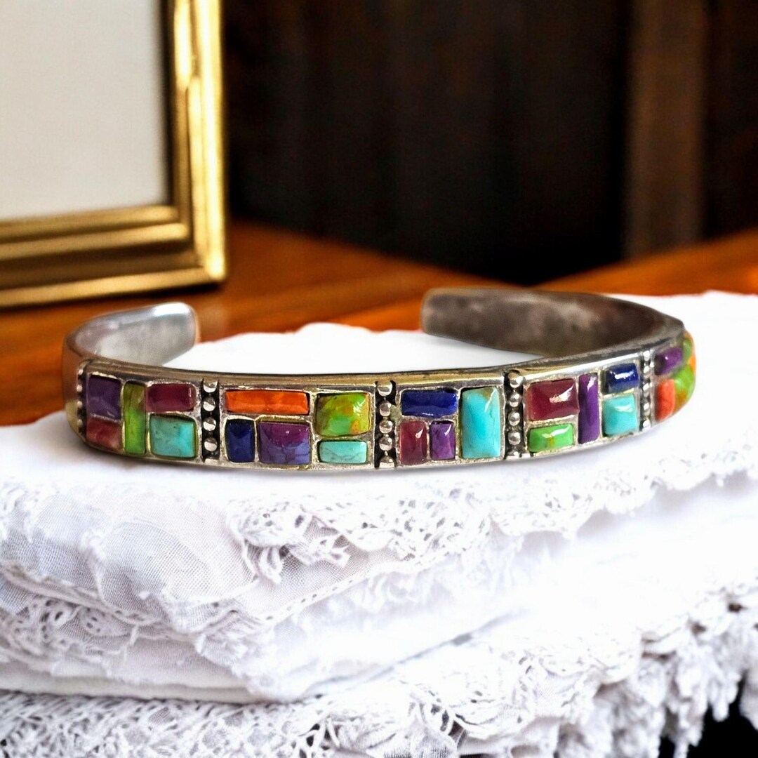 Mixed Cobblestone Row Cuff Bracelet Vintage Native American Sterling ...