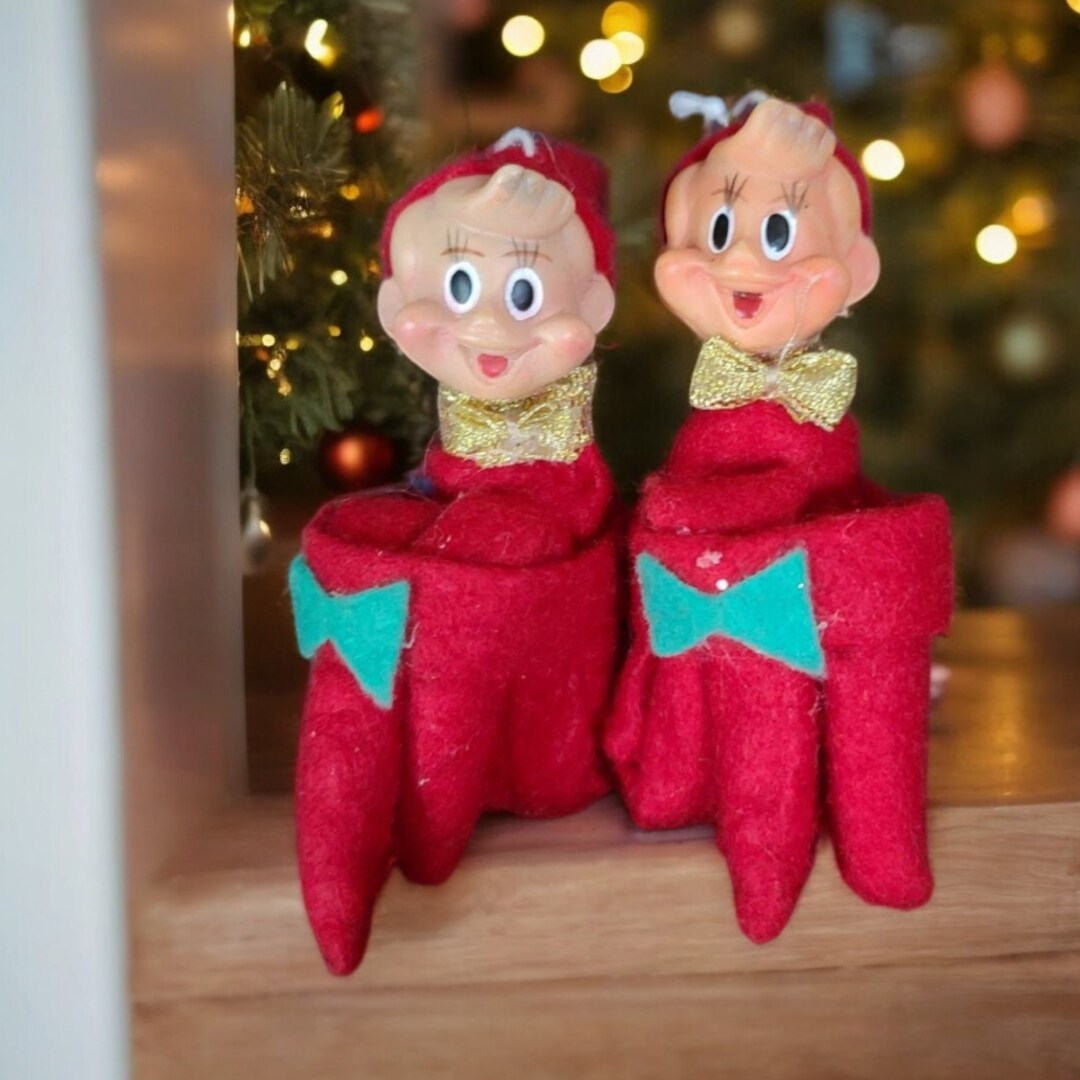 TWO 1950's Small Vintage Goofy Elf Shelf Sitters Ceramic Heads Fabric ...