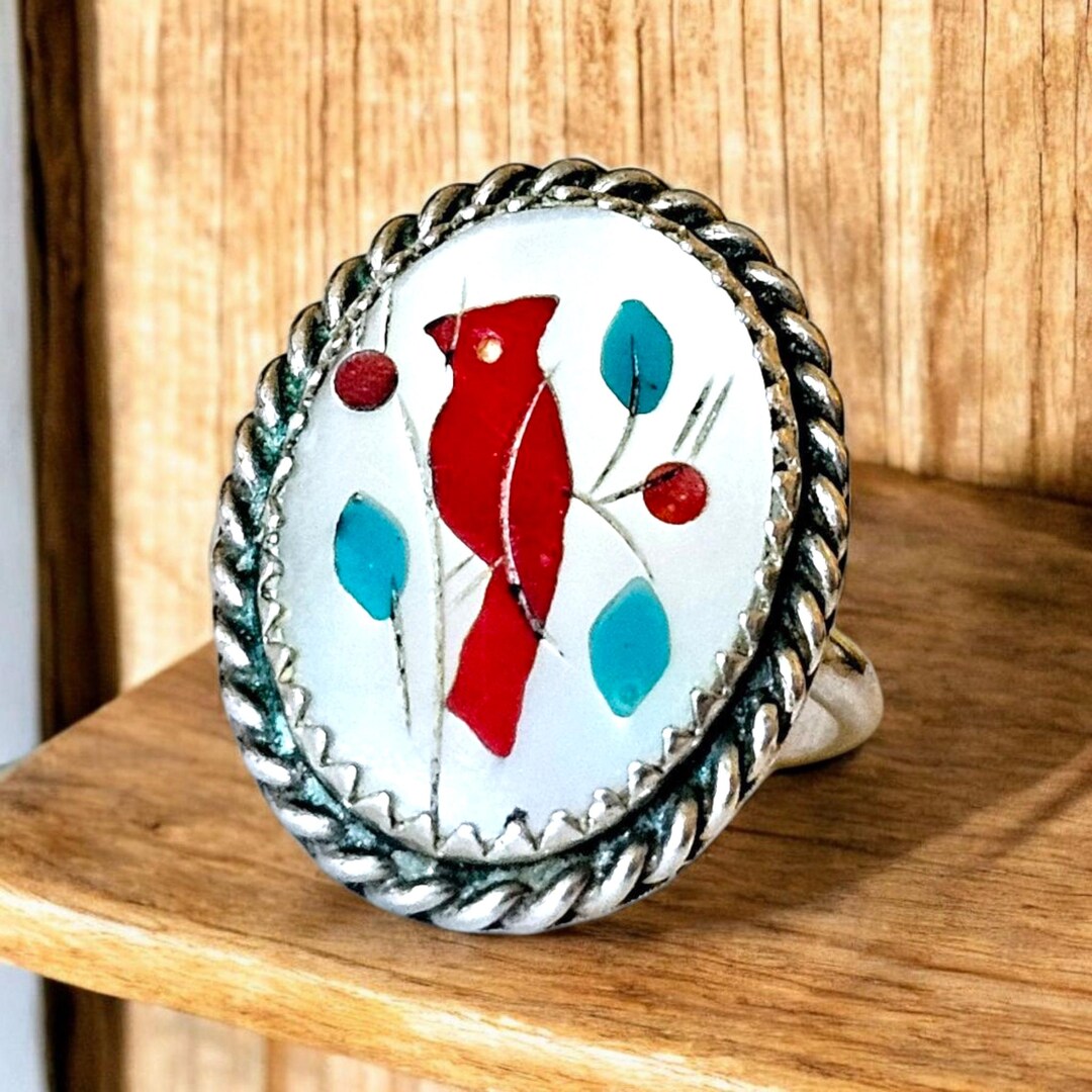 Red Cardinal Bird Zuni Inlay Cameo Ring Coral, Turquoise, Mother of ...