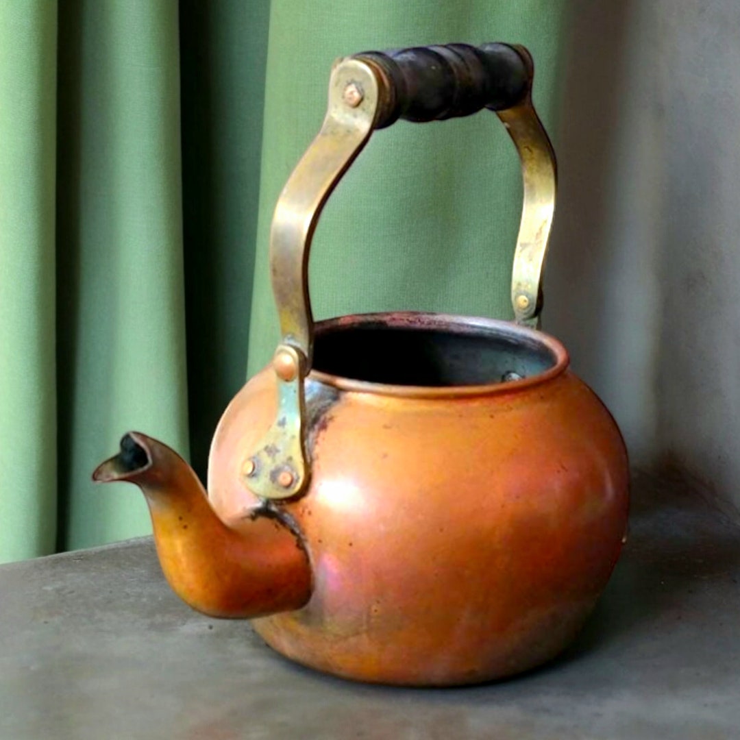 Vintage to Antique Copper Gooseneck Kettle Brass Handle Wood Grip Made ...