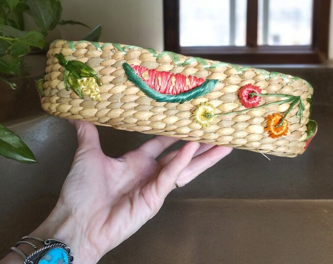 Cute Mid Century Bread Bun Cracker Cradle Woven Raffia Straw Basket ...