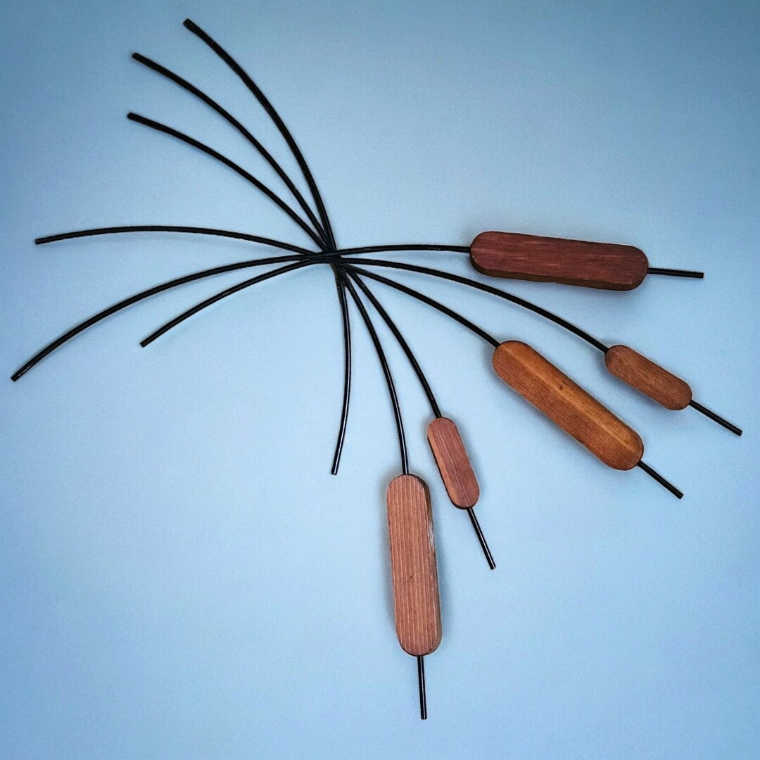 Minimalist Wood Cattails on Curved Black Wrought Iron Stems Mid Century ...