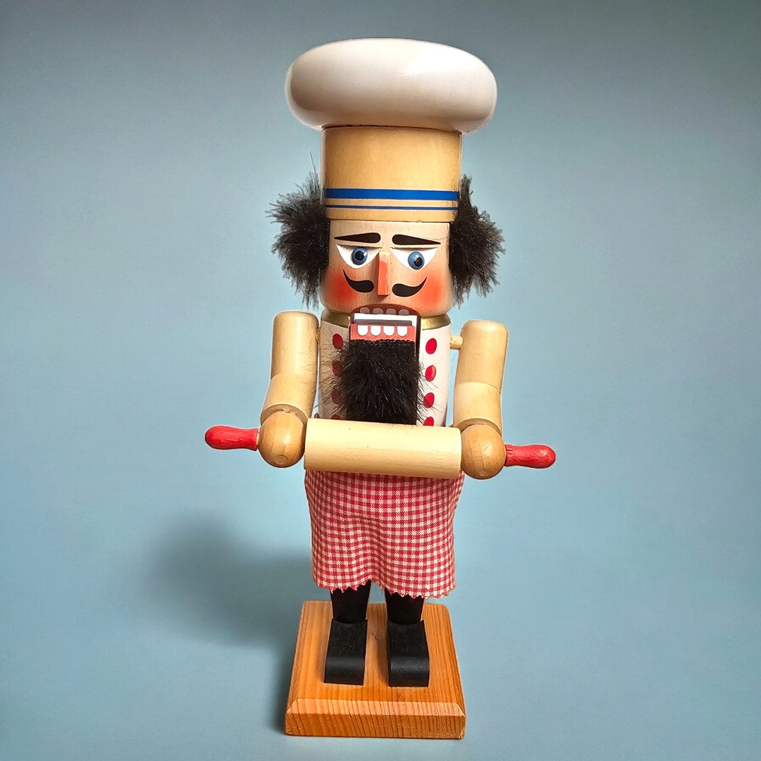 Vintage Steinbach Rolling Pin Baker Chef Wood Nutcracker 10.5 Tall Black Furry Beard and Hair ...