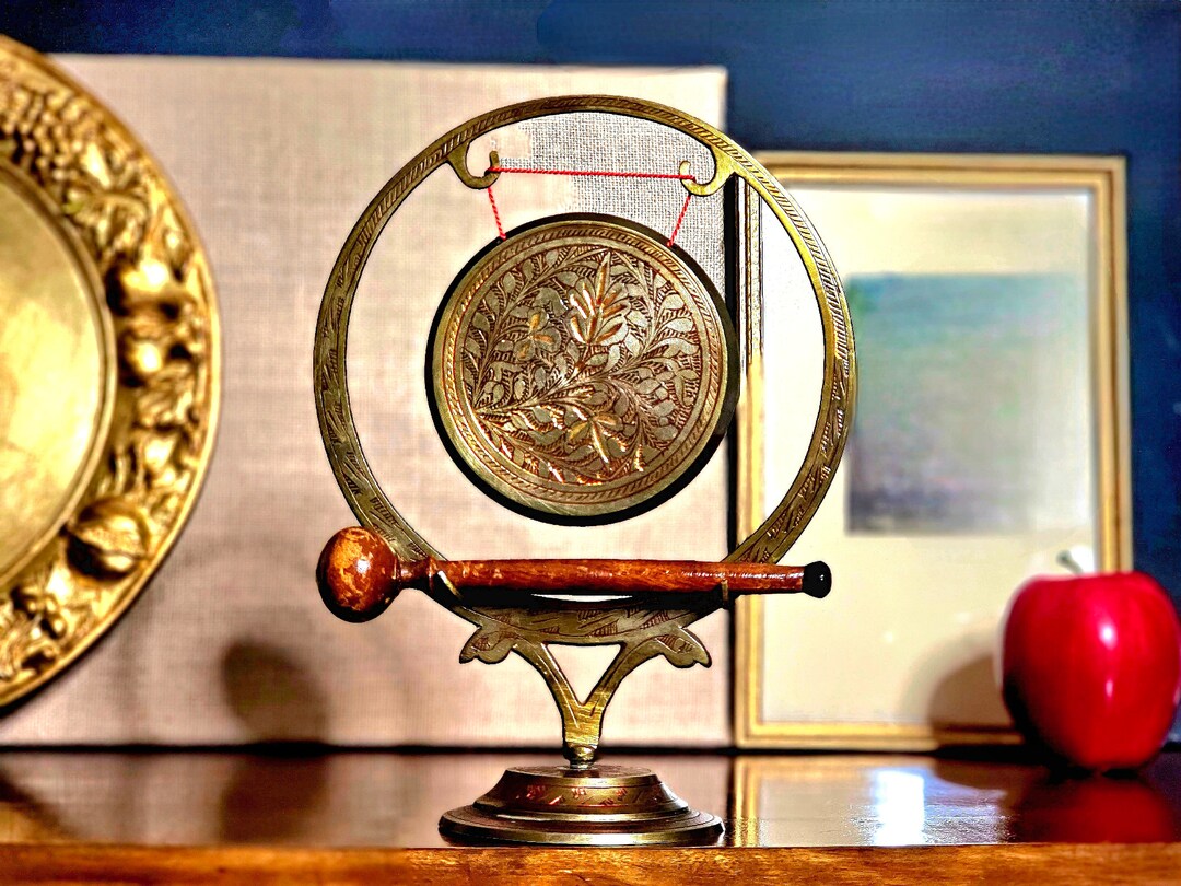 Vintage Brass Gong With Wood Striker Hammer Etch Metal Enameled, India ...