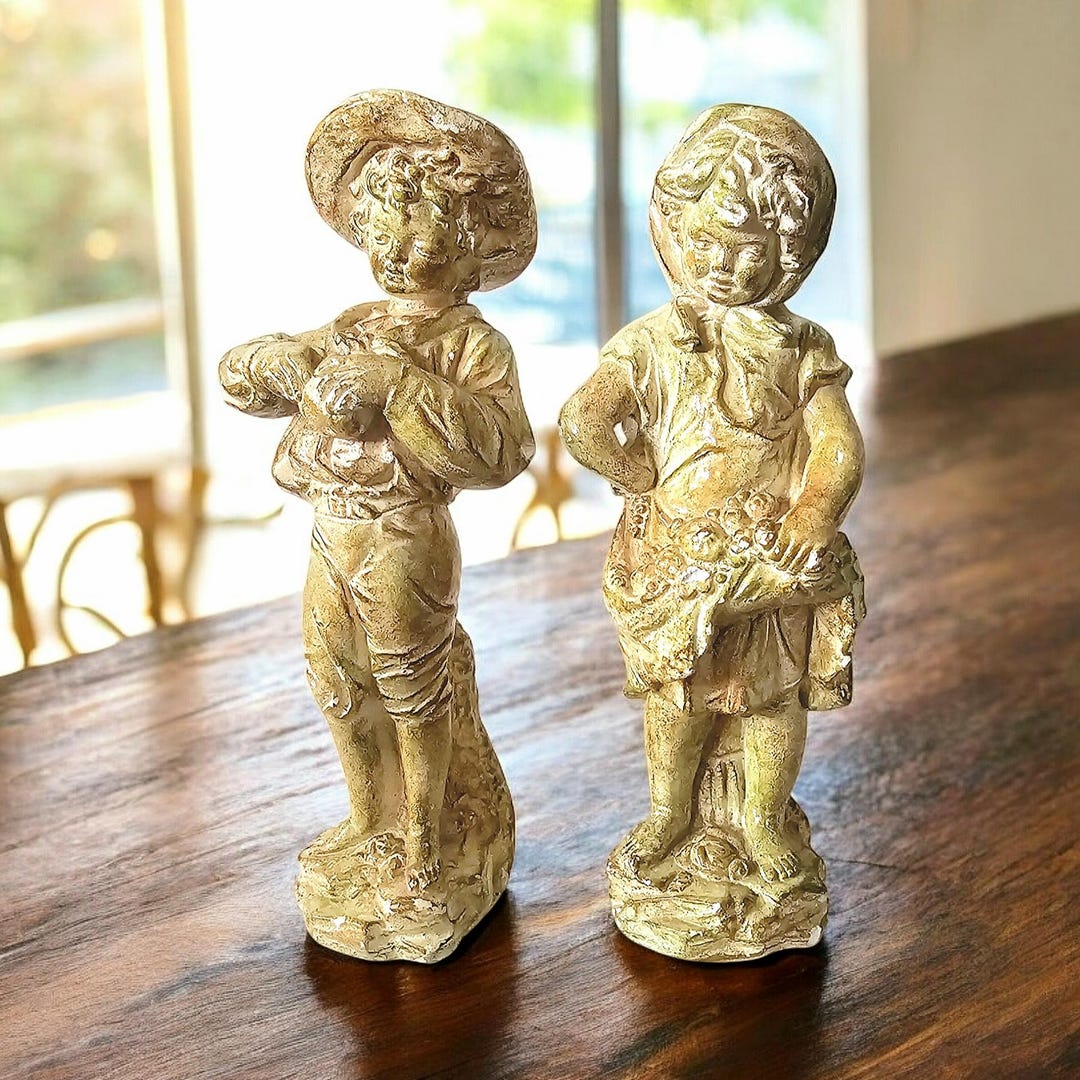 Pair of 16" Patina Chalkware Harvest Boy Ad Girl Figurines Made in ...