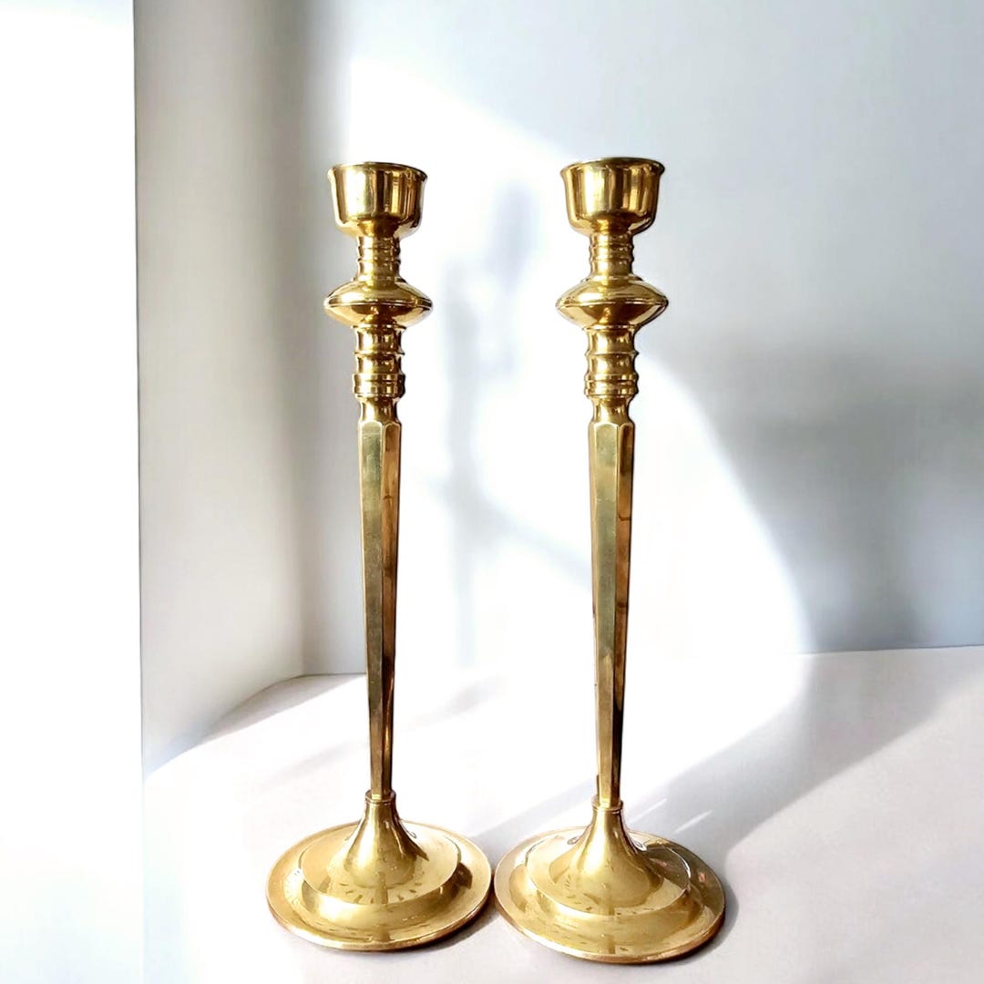 1960s Pair of Tall Matching Solid Brass Candlesticks, 16.75" High ...